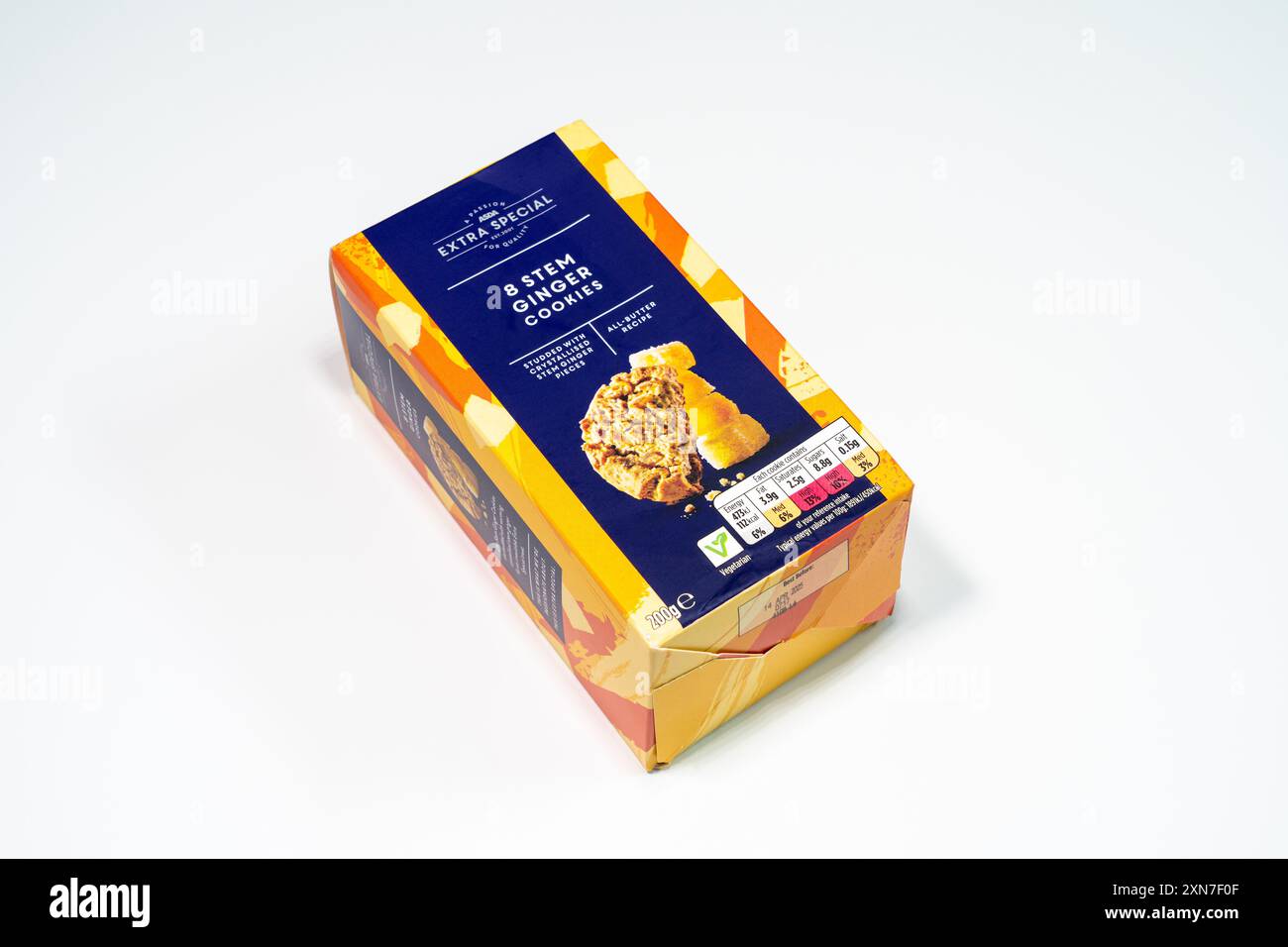 A box of ASDA Extra Special 8 Stem Ginger Cookies on white background ...