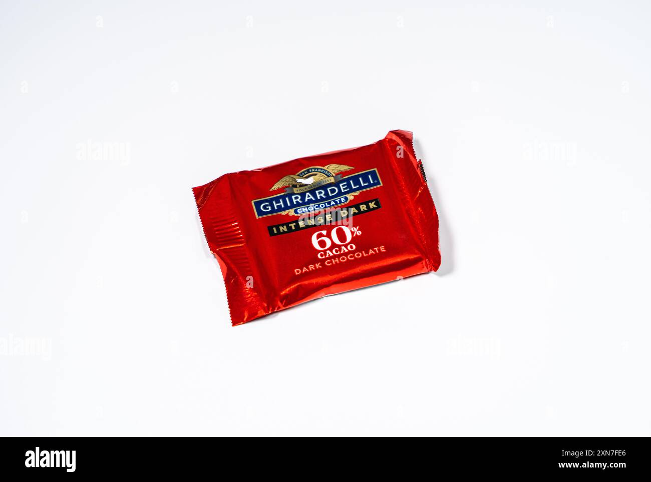 Ghirardelli Intense Dark Chocolate Square on white background Stock ...