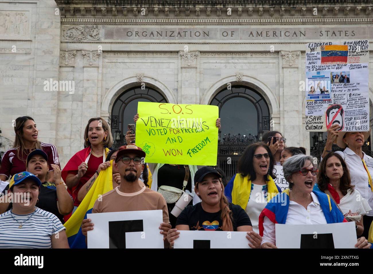 A protester is holding a sign with the words "Venezuelans Voted For ...
