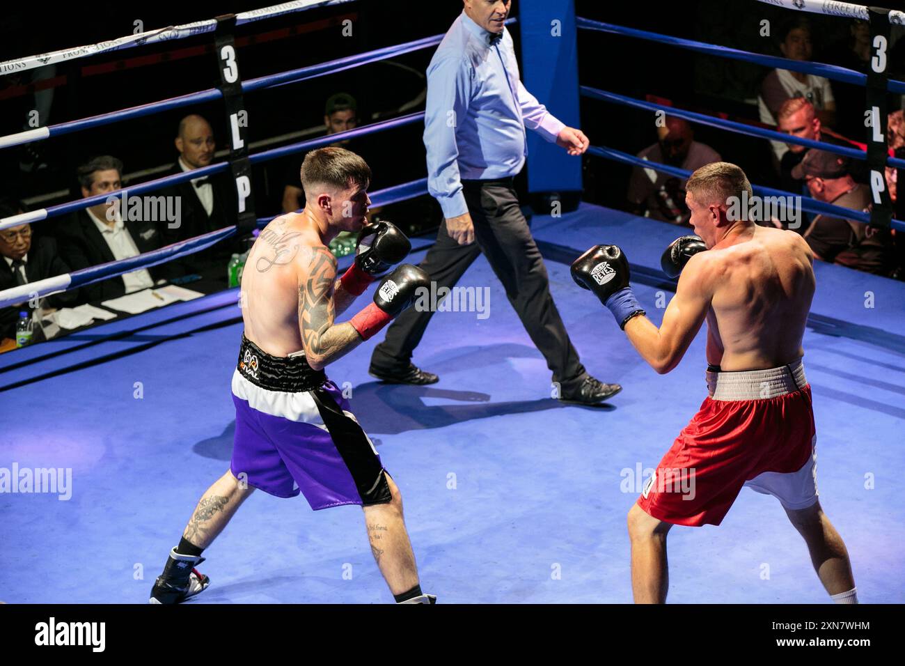 Dylan Taylor (purple trunks) faces Vitalii Maksymiv (red trunks) during ...
