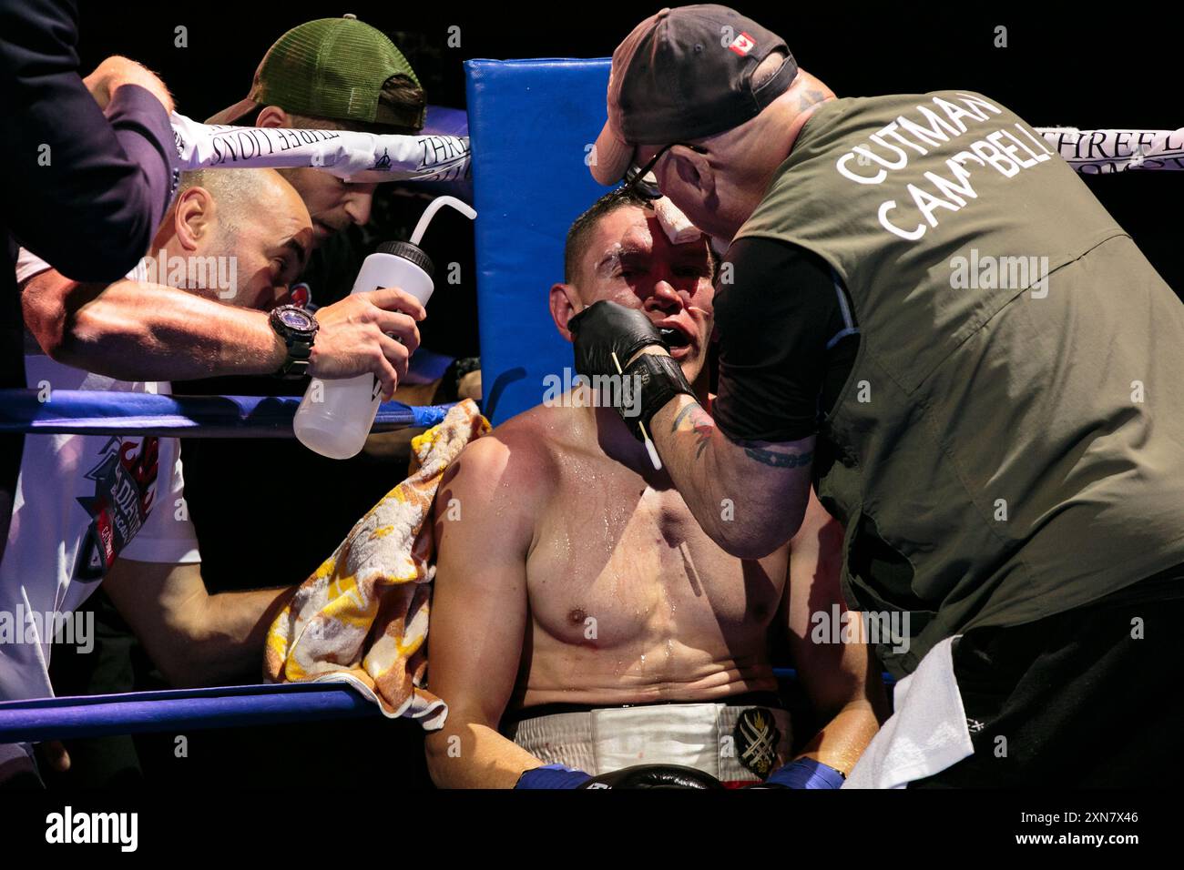 Dylan Taylor (purple trunks) faces Vitalii Maksymiv (red trunks) during ...