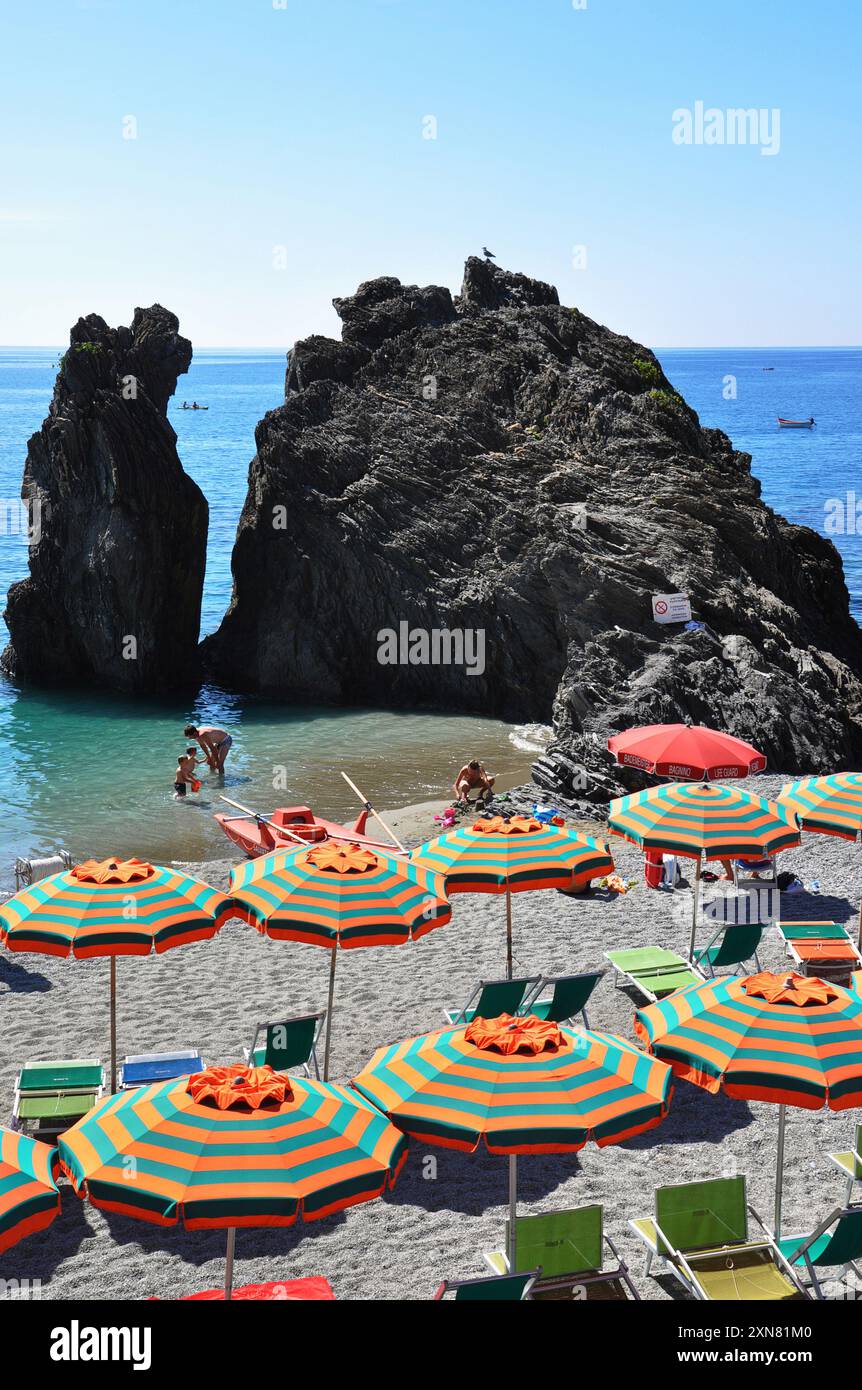 The big Rock, at the beach at Monterosso, a rugged natural landmark and ...