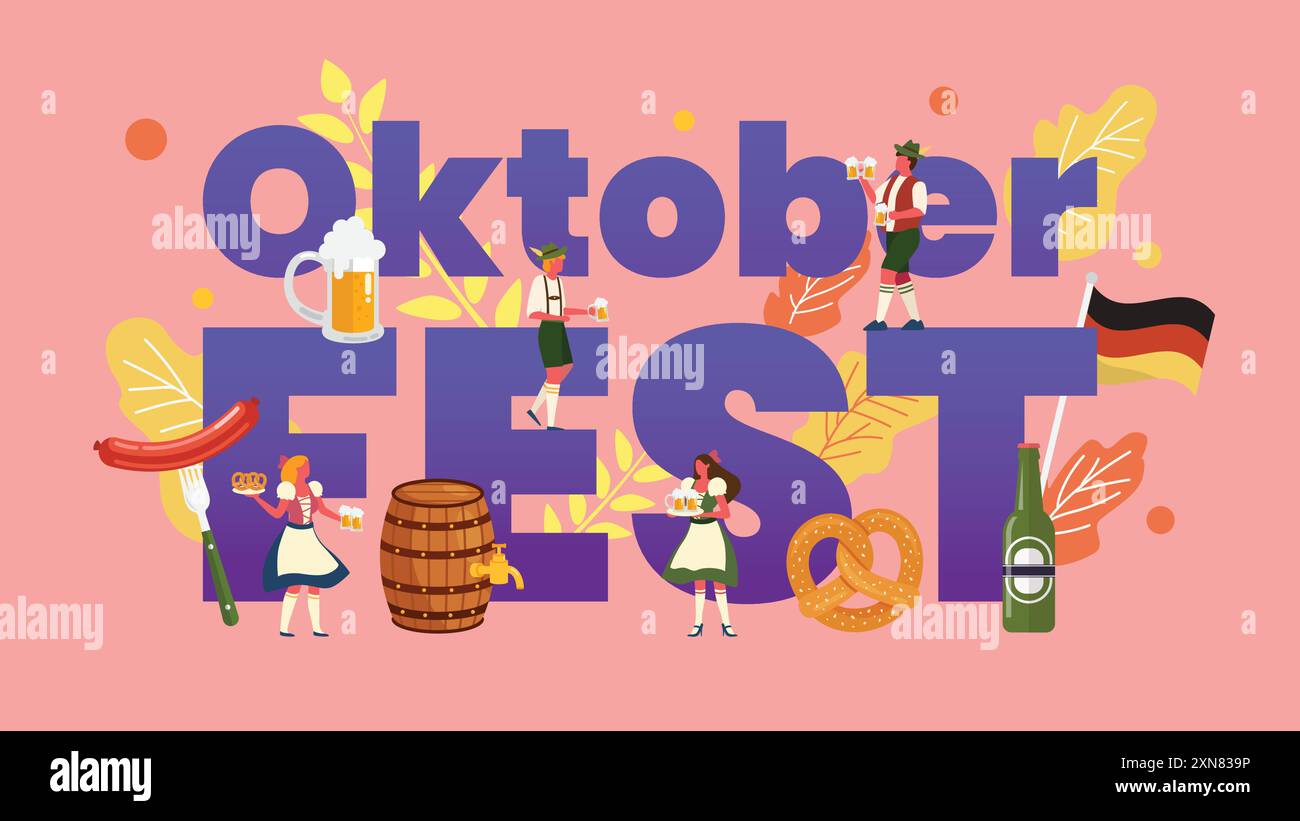 Oktoberfest concept with tiny characters in german costumes. Cartoon ...