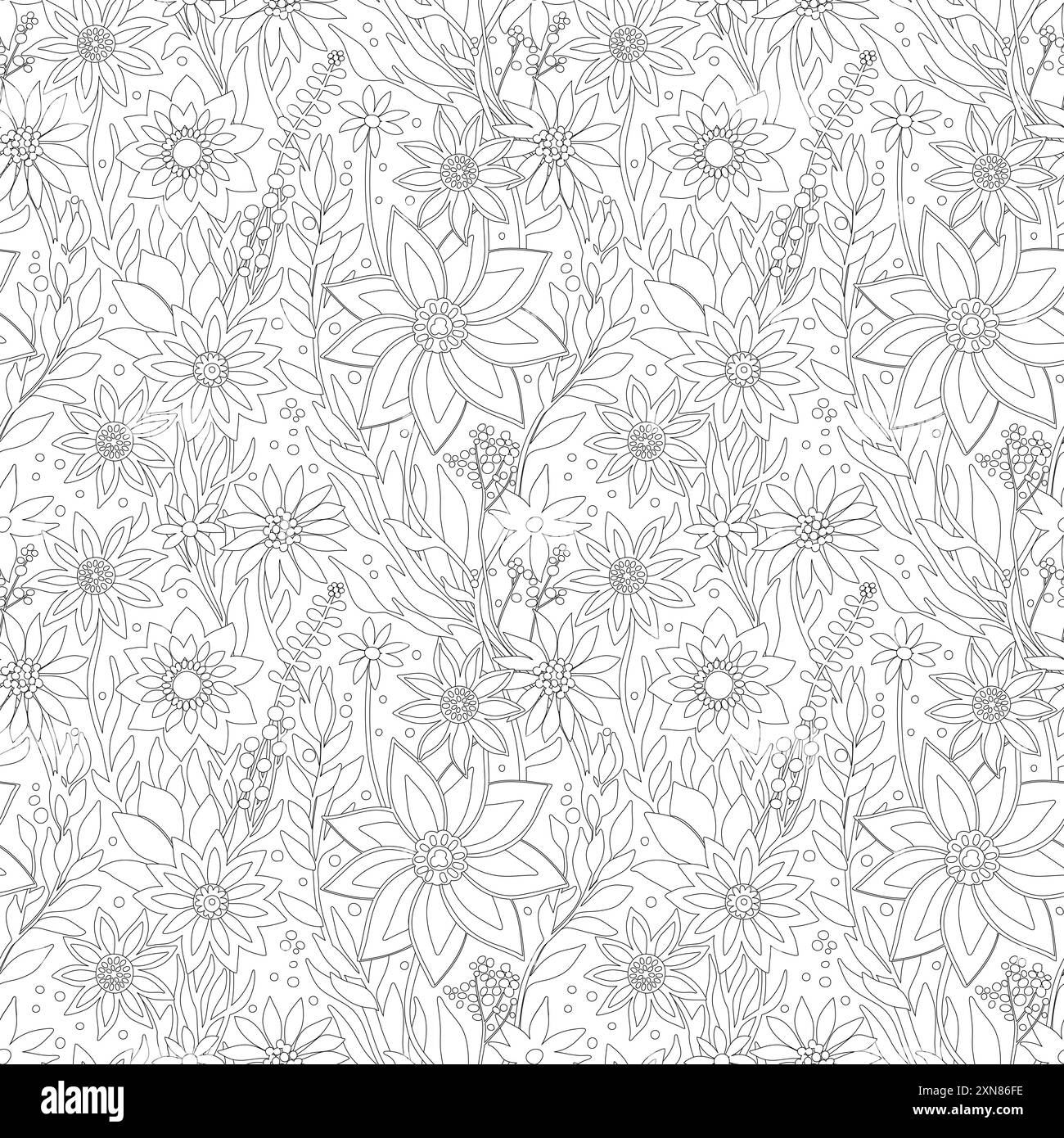 Floral Seamless Pattern of Fantasy Flowers and Leaves in Line Art style ...