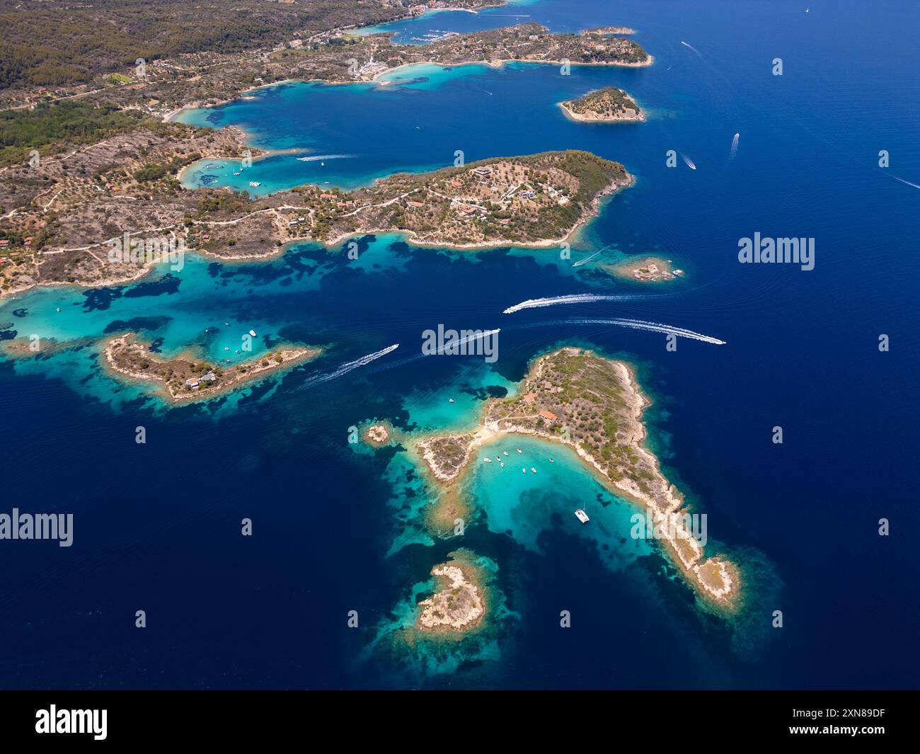 Aerial view of an island on Sithonia Peninsula, Greece, with beaches ...