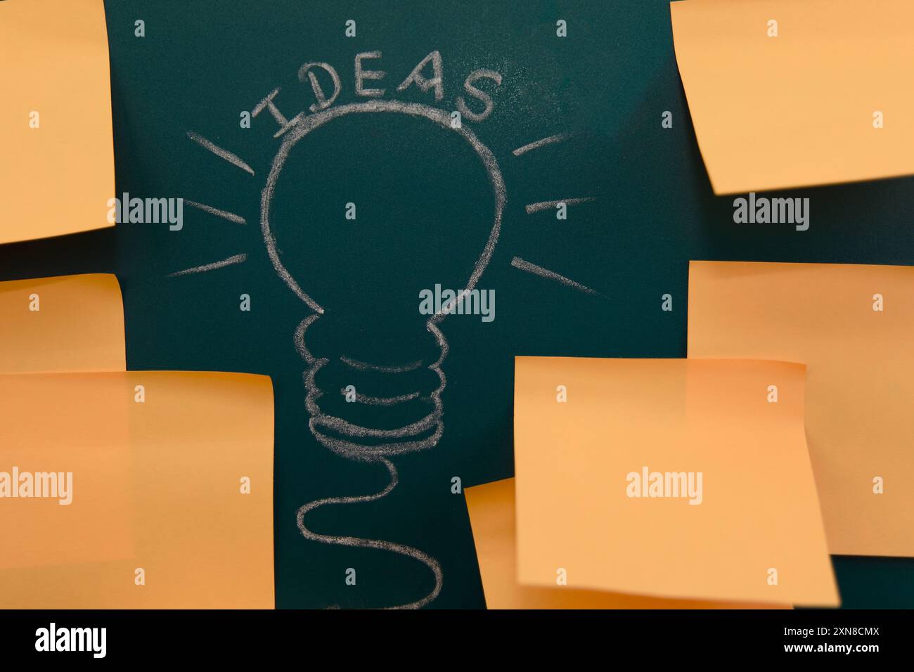 A chalkboard filled with blank sticky notes surrounding a hand-drawn ...