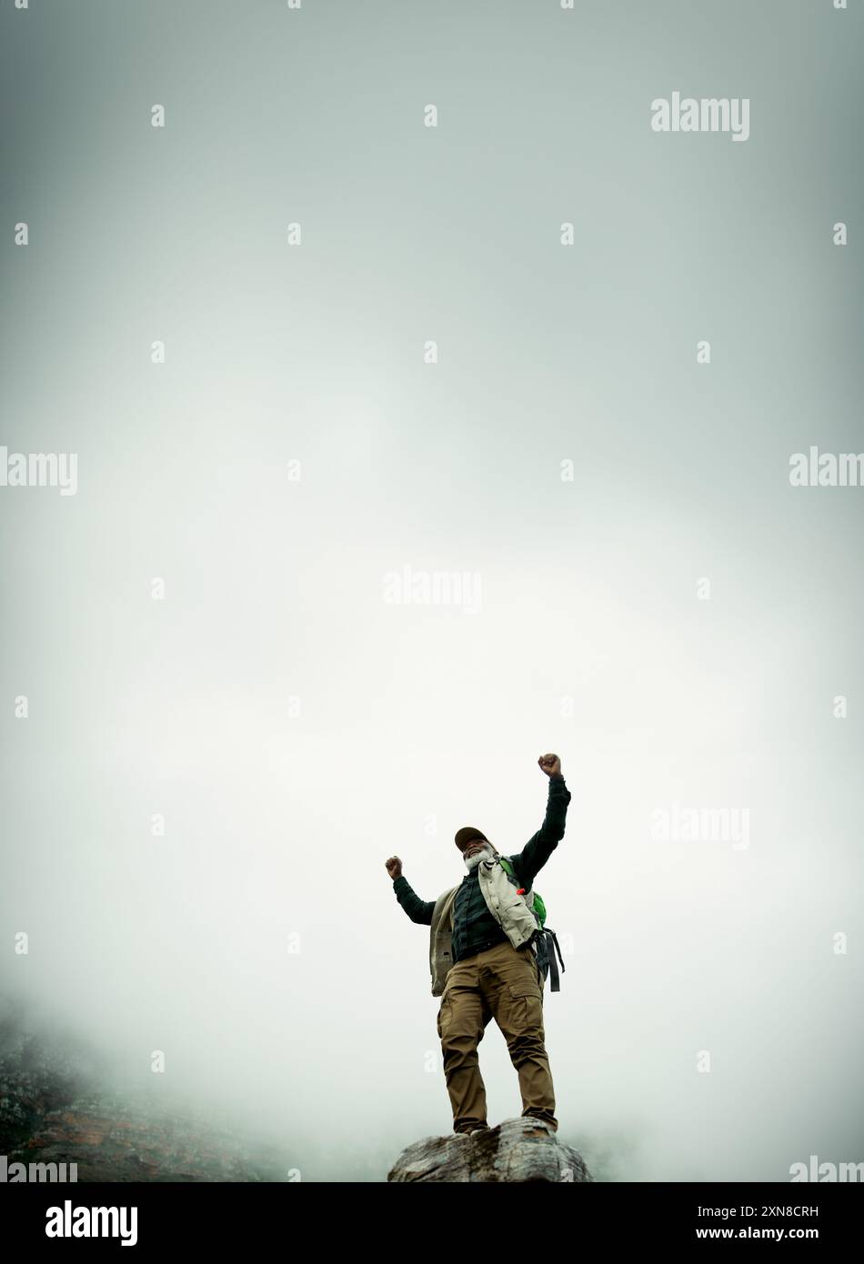 Space, mountain peak or man with hiking success in outdoor adventure ...