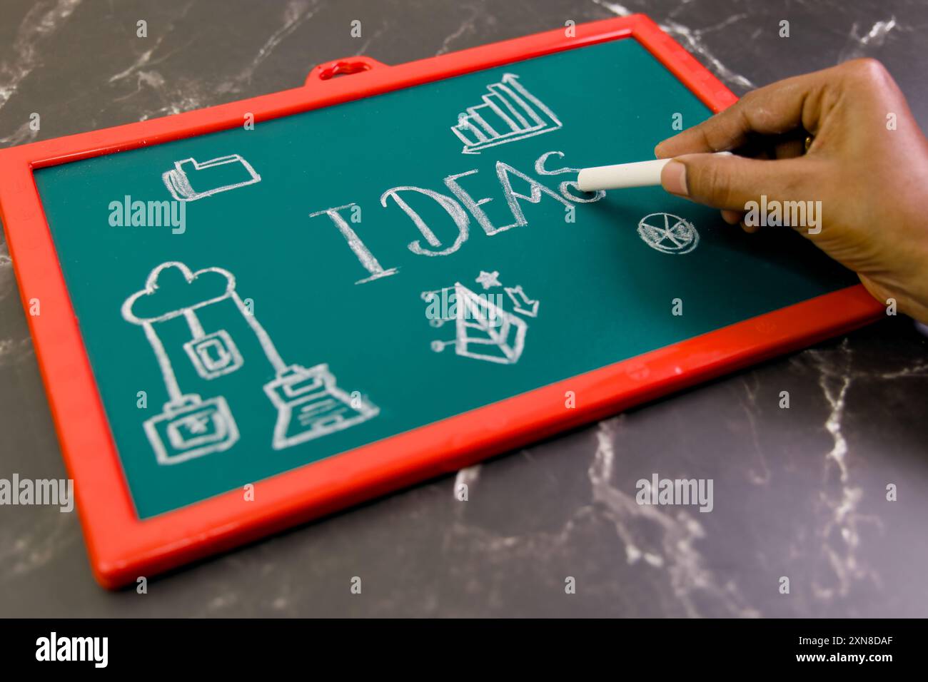 Hand drawing business ideas on a chalkboard. Concept for brainstorming ...