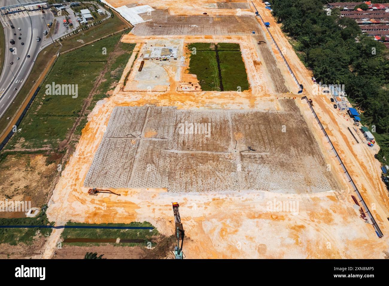 Aerial view of construction site ground process, showing progress in ...