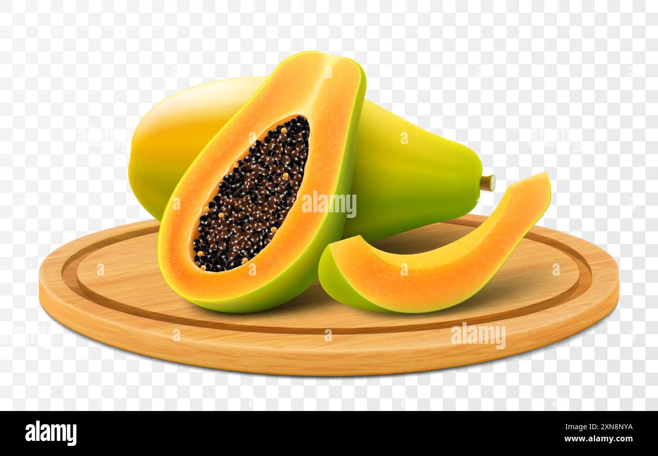 Ripe Papaya on wooden tray or cutting board, isolated on transparent ...