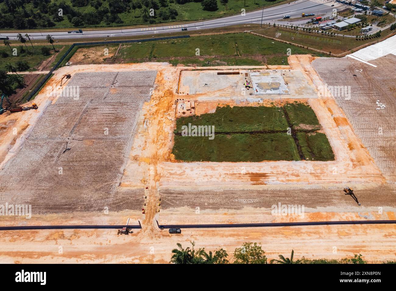 Aerial view of construction site ground process, showing progress in ...