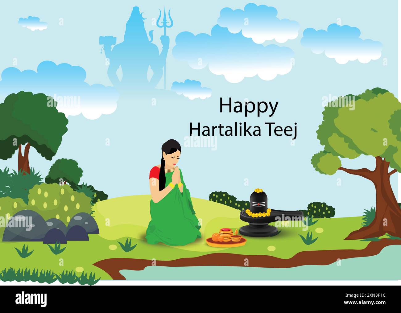 Vector illustration poster of happy hartalika teej image, woman doing puja of shivling and lord ...