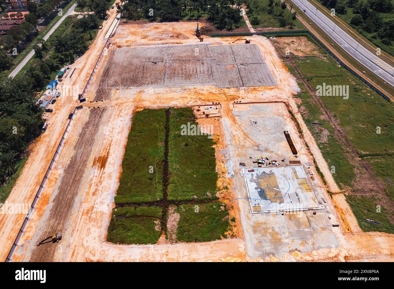 Aerial view of construction site ground process, showing progress in ...