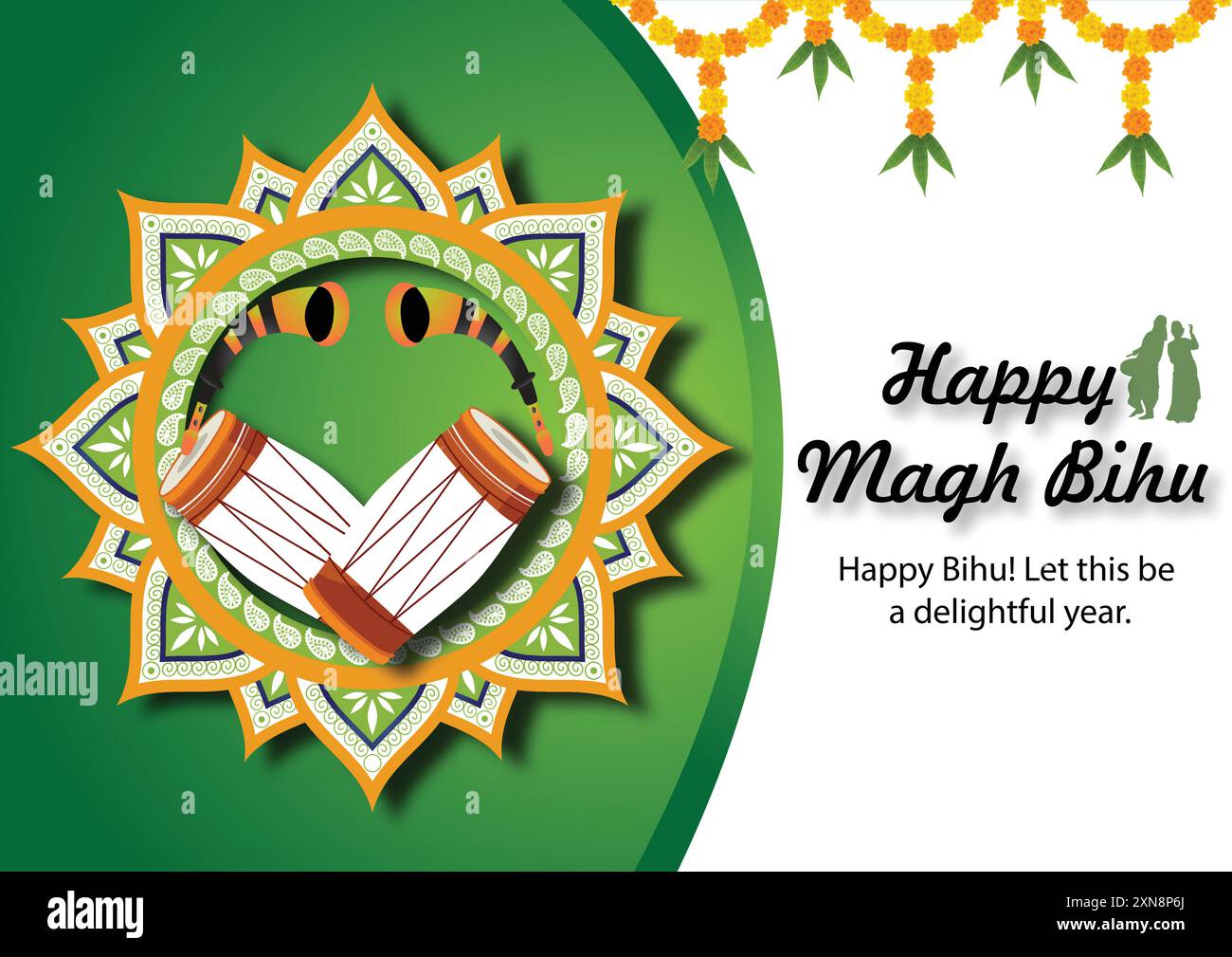 Vector illustration poster of happy magh bihu image. drum, shehnai and ...