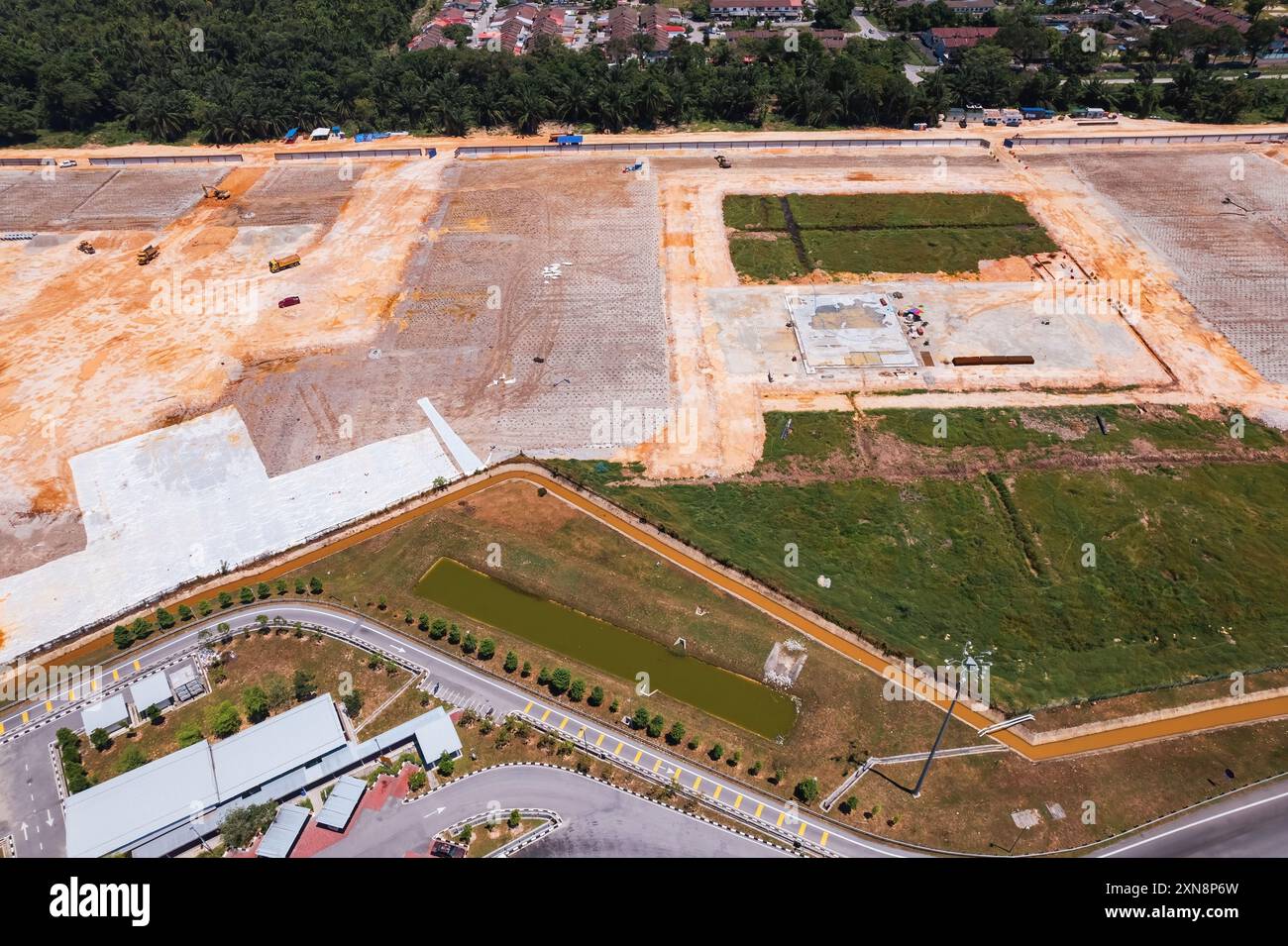 Aerial view of construction site ground process, showing progress in ...