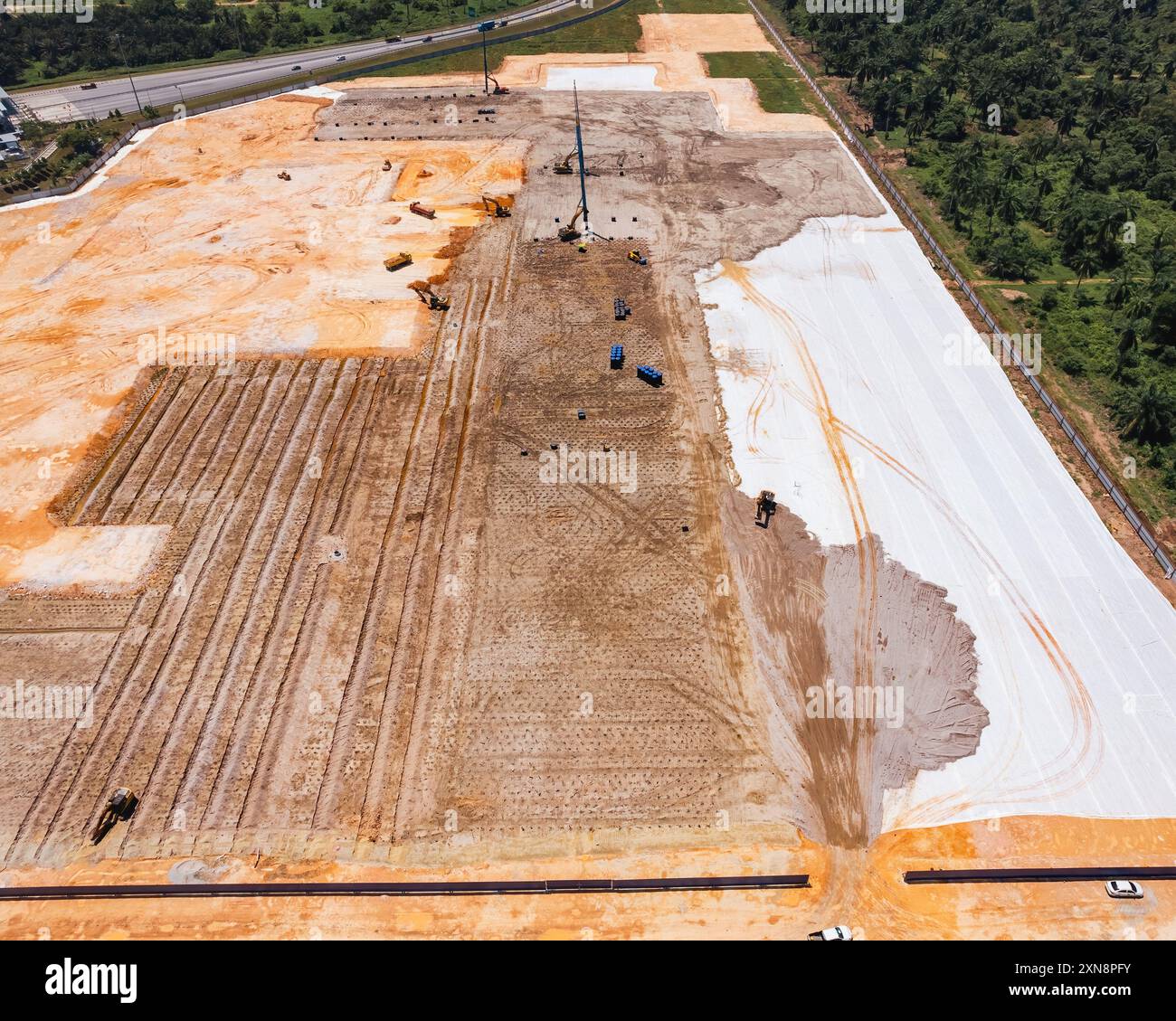 Aerial view of construction site ground process, showing progress in ...