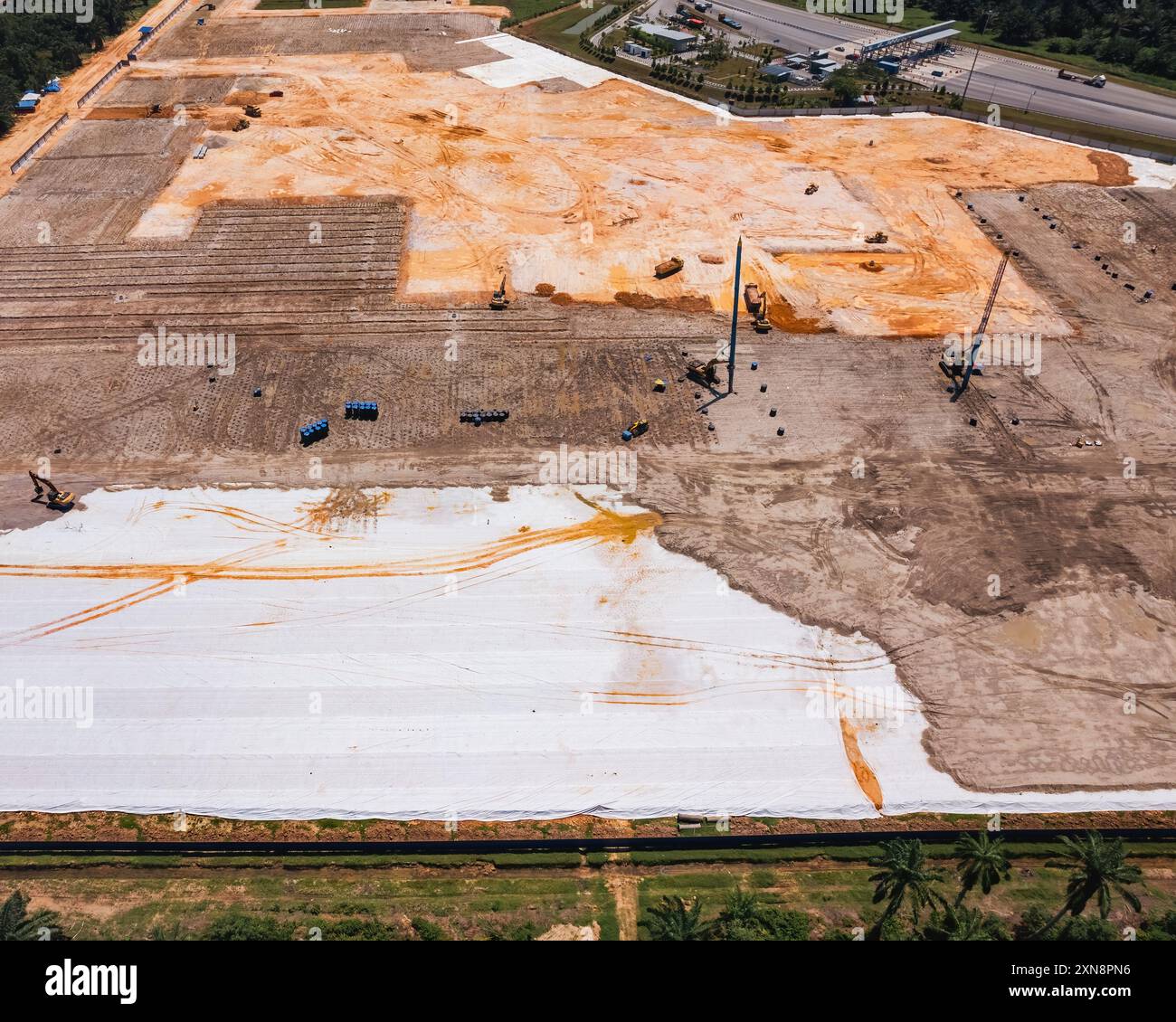 Aerial view of construction site ground process, showing progress in ...