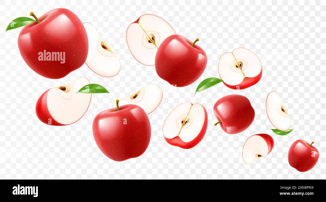 Flying red juicy apples. Bright advertising background falling red ...