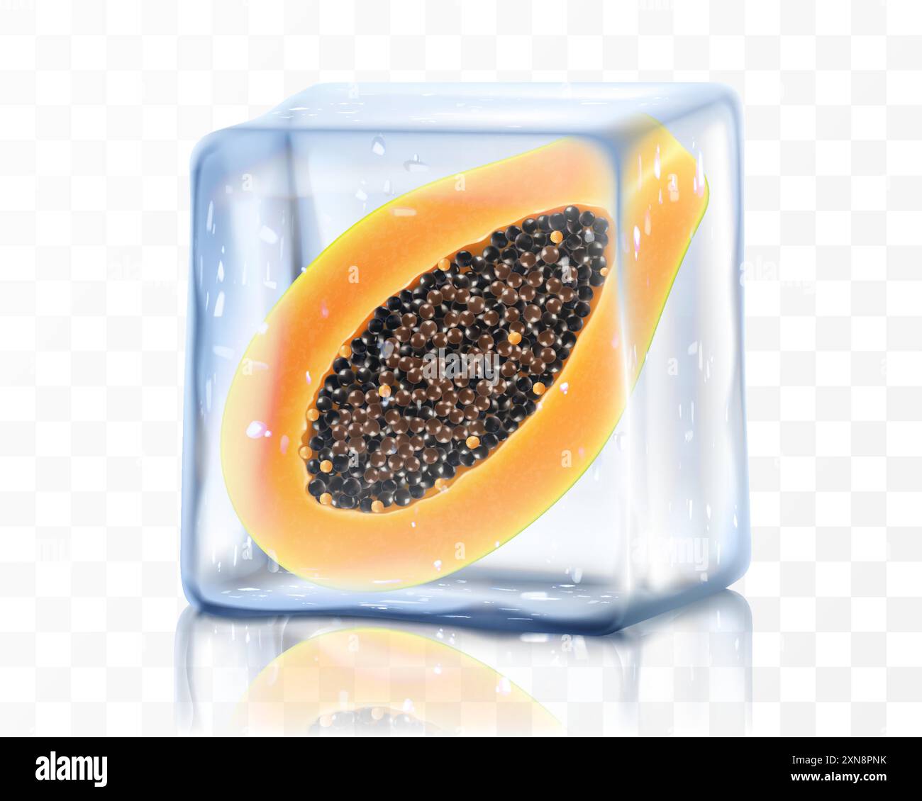 Slice of fresh ripe papaya in ice cube isolated on transparent ...