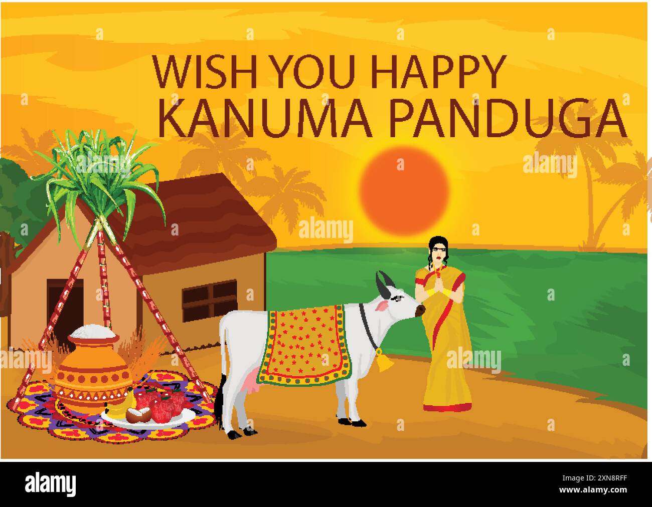 Vector illustration of happy kanuma panduga with village sunrise view ...