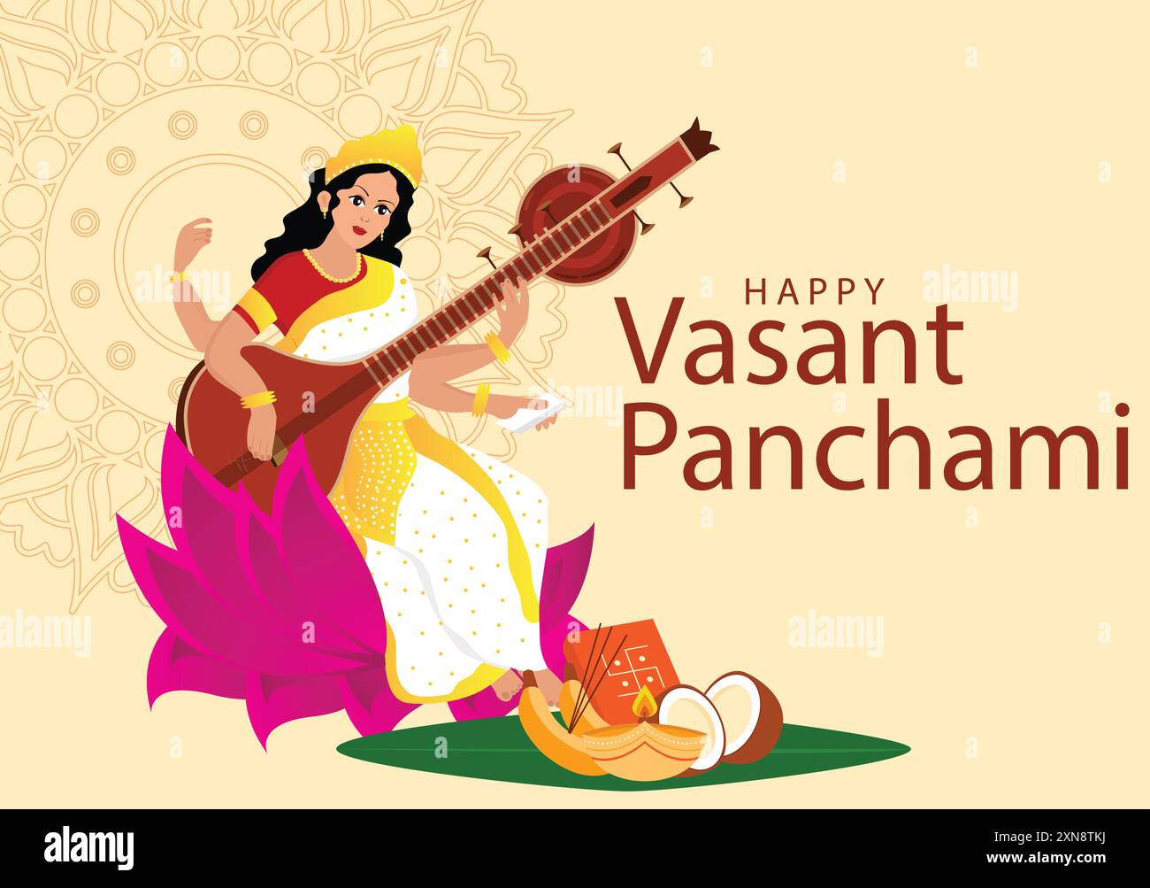 Vector illustration poster of happy vasant panchami, goddess saraswati ...