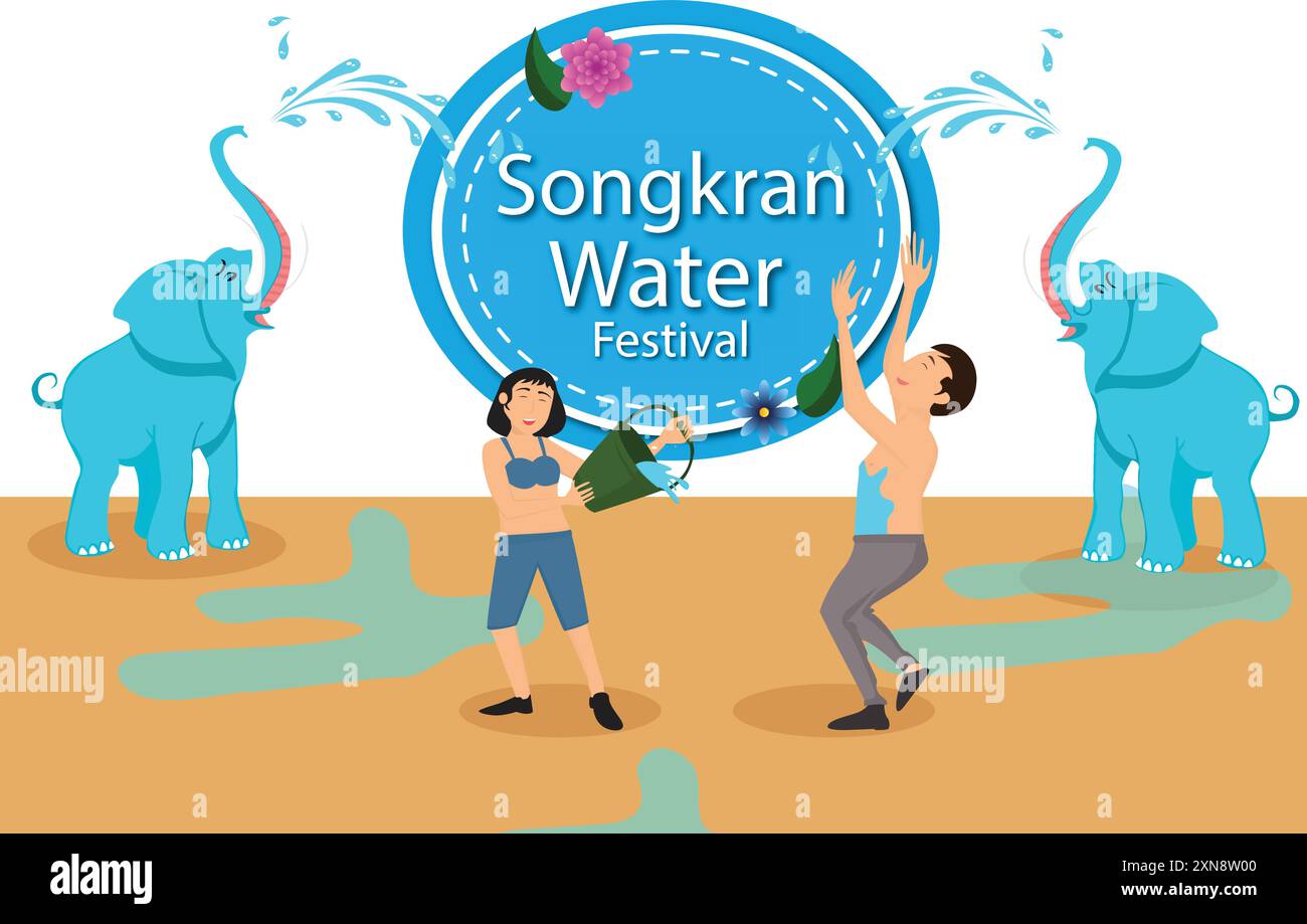 Vector illustration of songkran water festival of thailand, couple ...