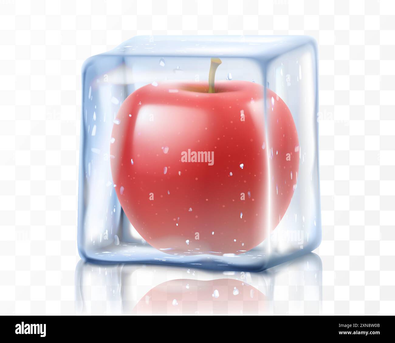 Fresh ripe apple in ice cube isolated on transparent background. Frozen ...
