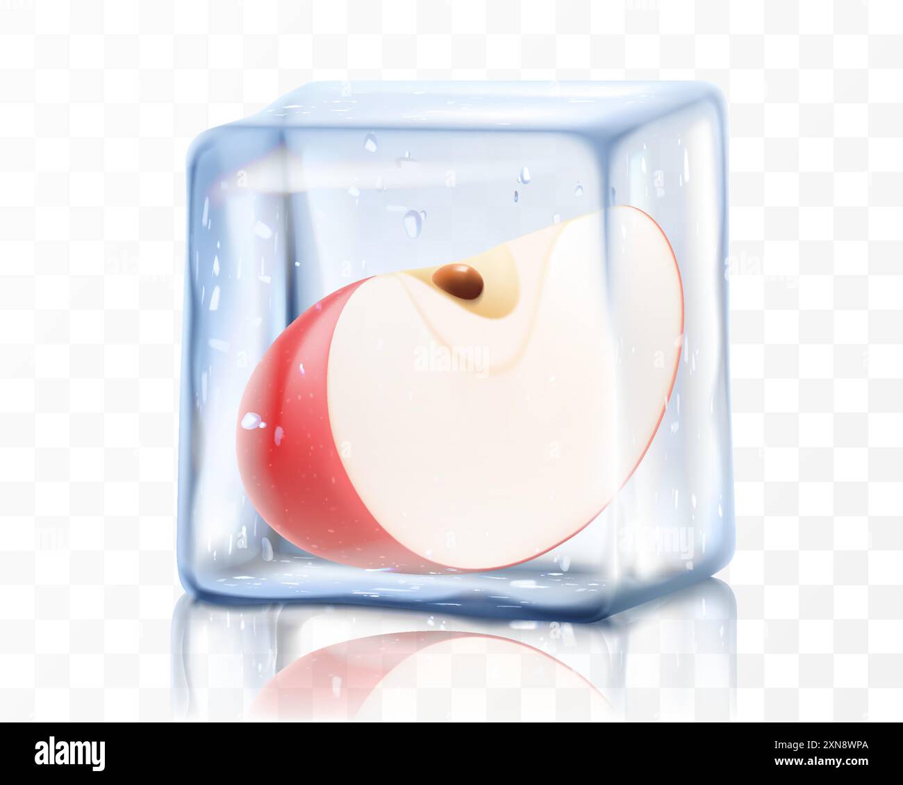 Fresh ripe apple in ice cube isolated on transparent background. Frozen ...