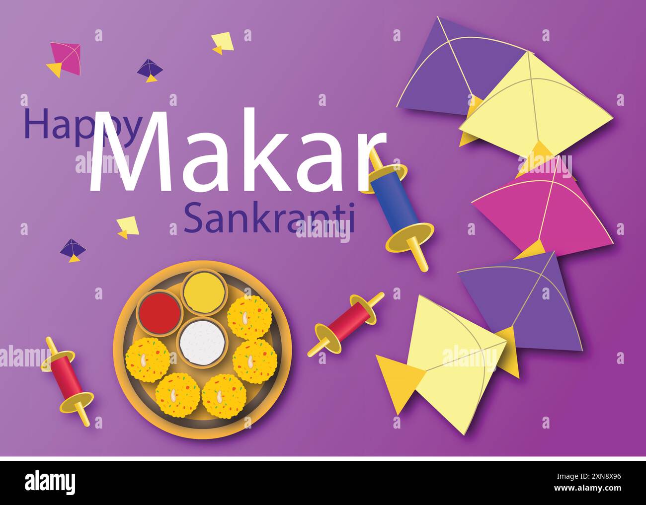 Vector illustration of happy makar sankranti poster on purple colour ...