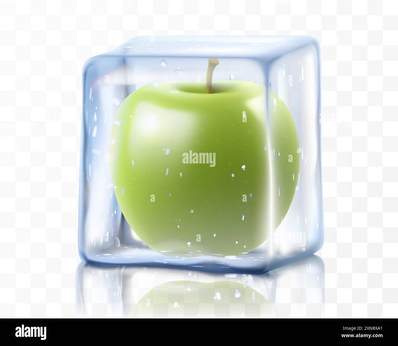 Fresh ripe apple in ice cube isolated on transparent background. Frozen ...