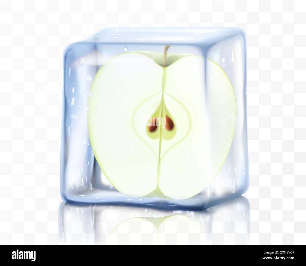 Slice of fresh ripe apple in ice cube isolated on transparent ...
