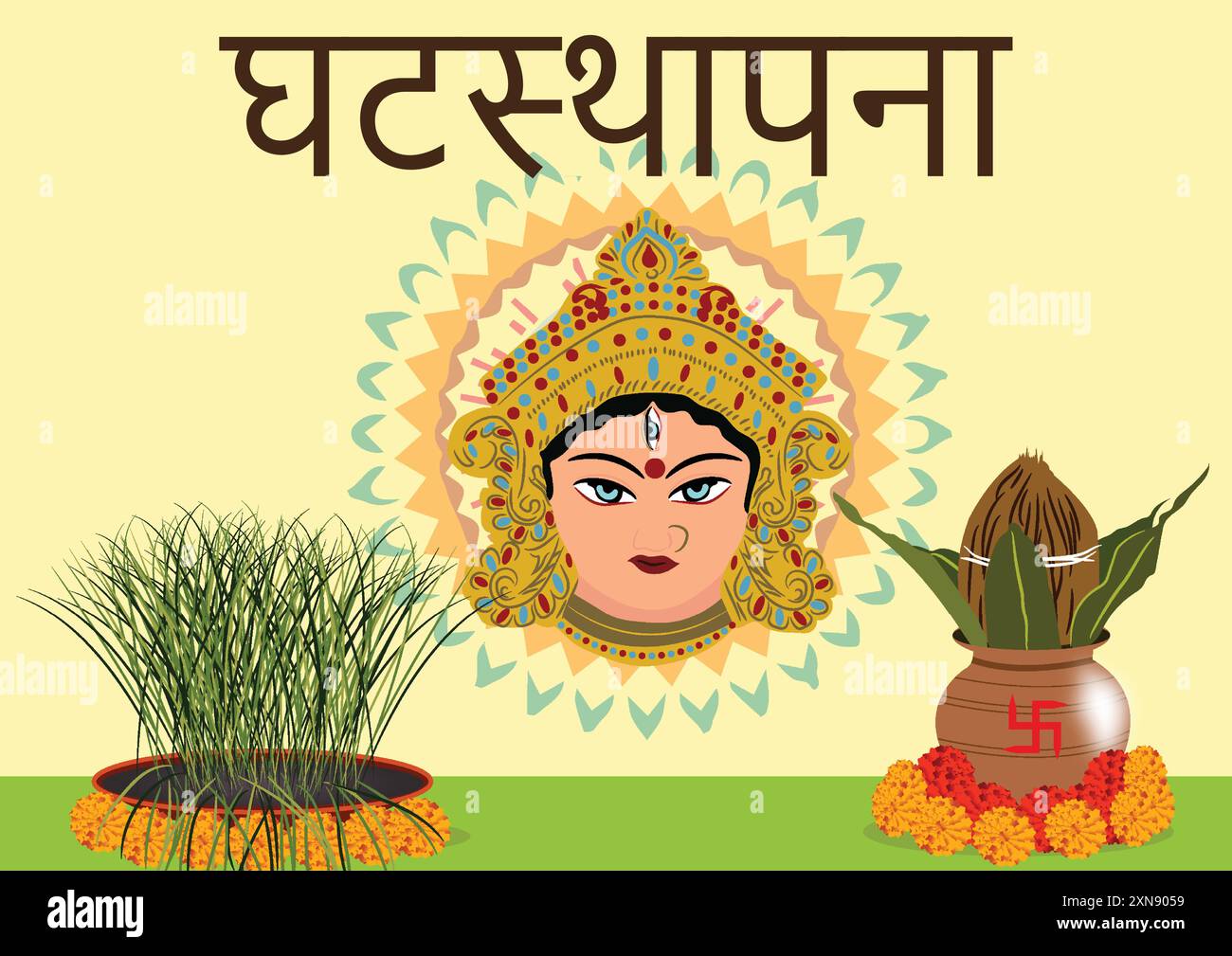 Vector illustration of ghatasthapana with background of lord durga face ...