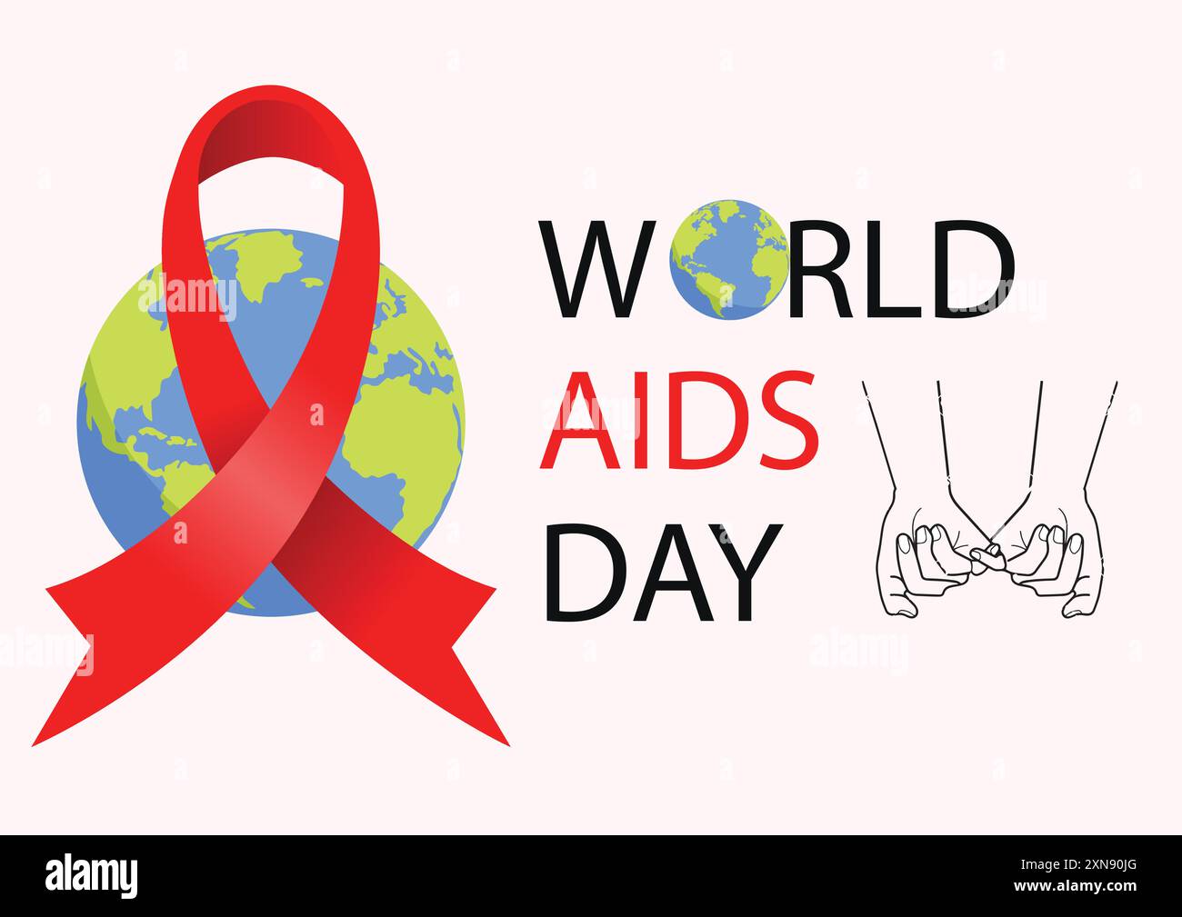 Vector illustration poster of world aids day, red ribbon in front of globe with holding hands on ...