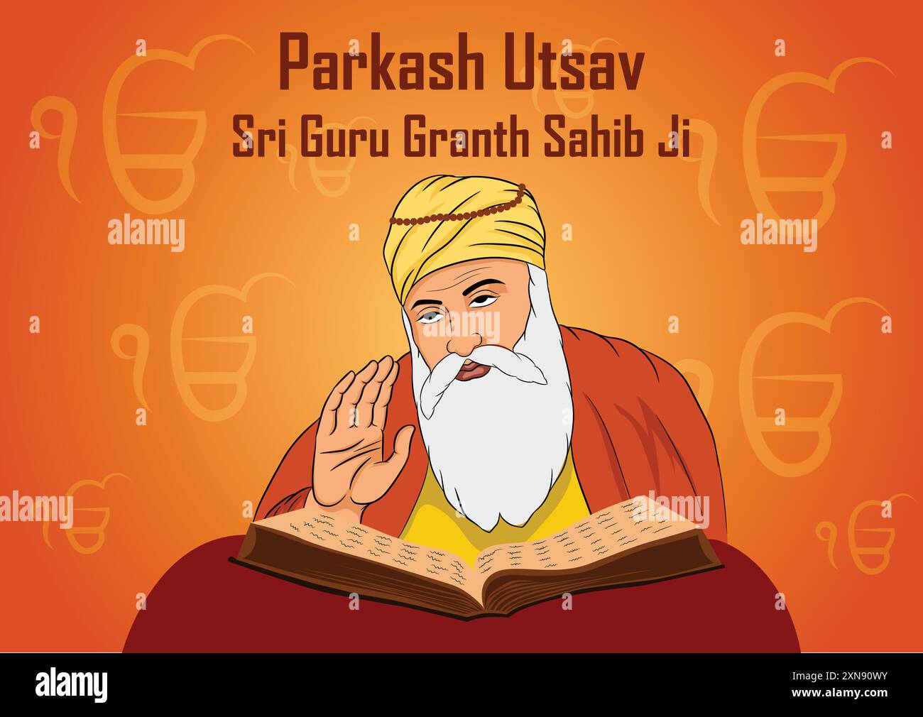 Vector illustration of guru granth sahib parkash utsav with orange ...
