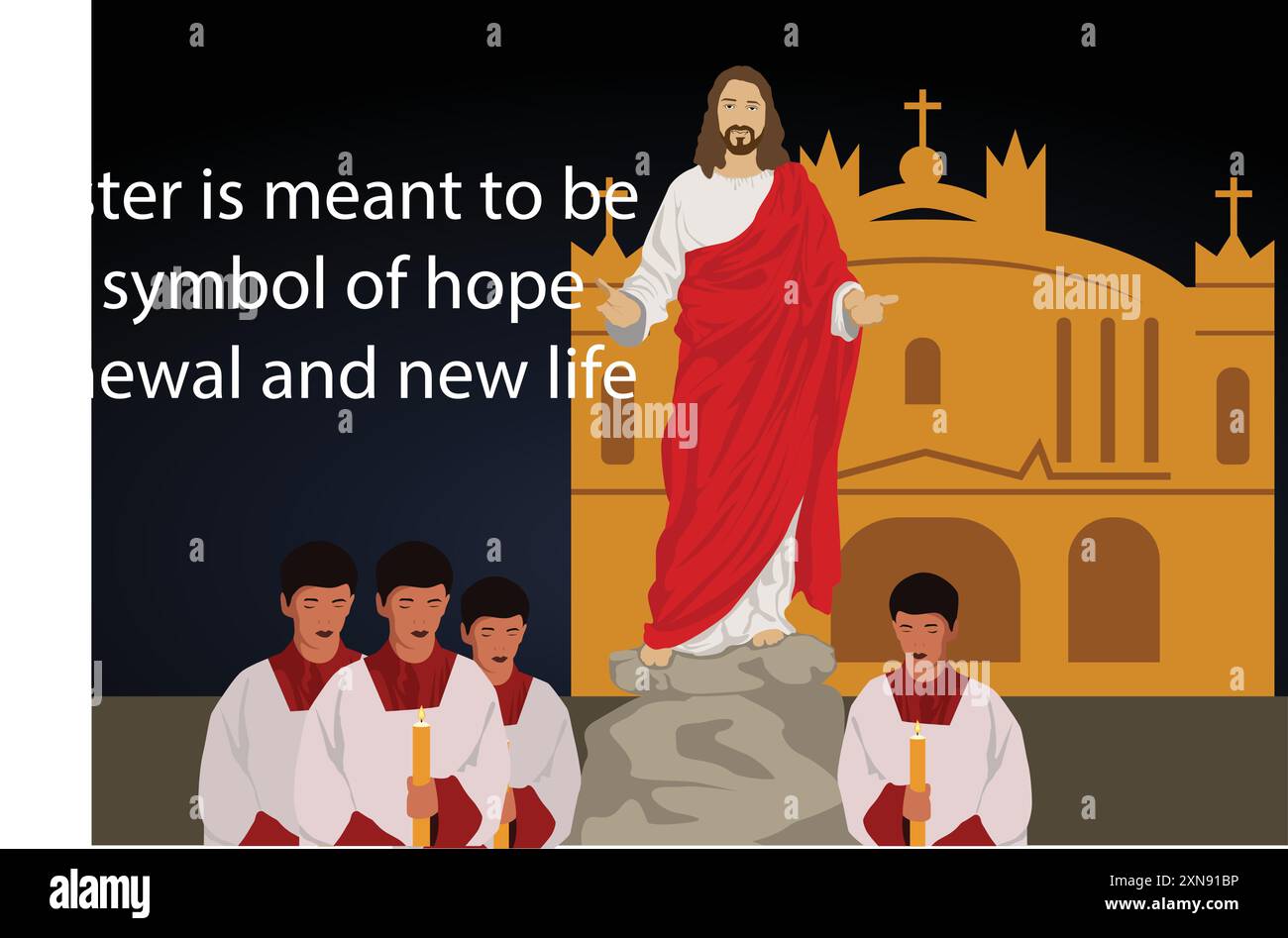 Vector illustration of easter saturday with church, jesus and people ...