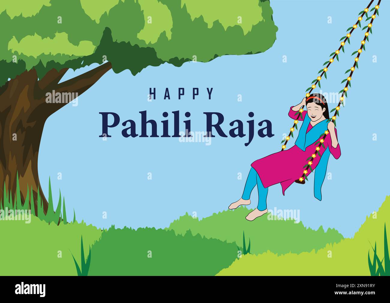 Vector illustration of pahili raja, girl swinging on a swing in jungle ...