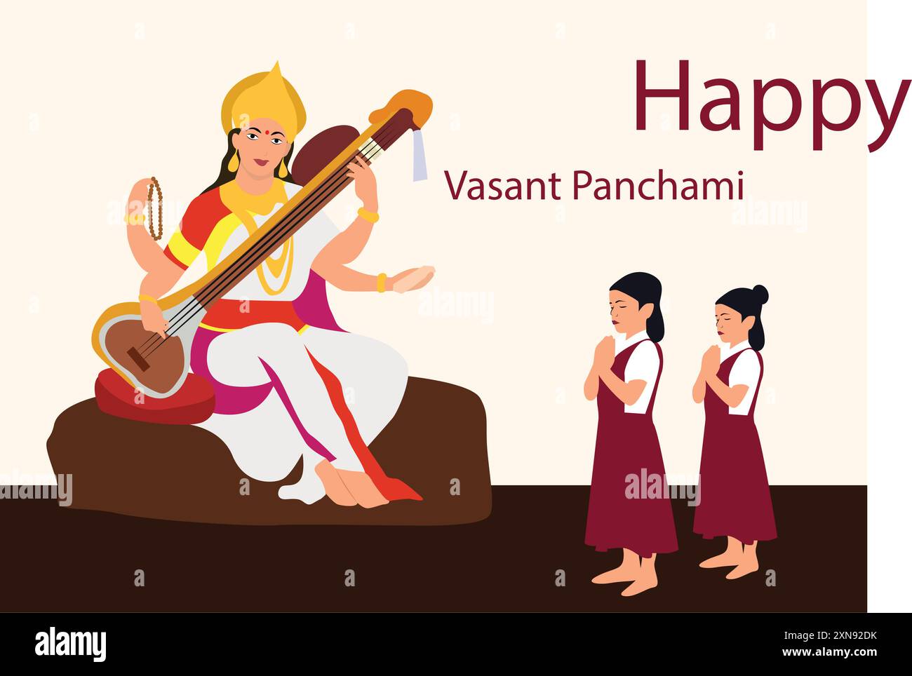 Vector illustration poster of basant panchami, school kids praying in ...