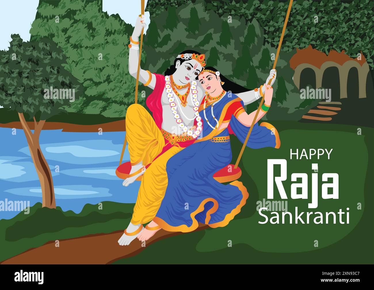 Vector illustration of happy raja sankranti, radha and krishna enjoying ...