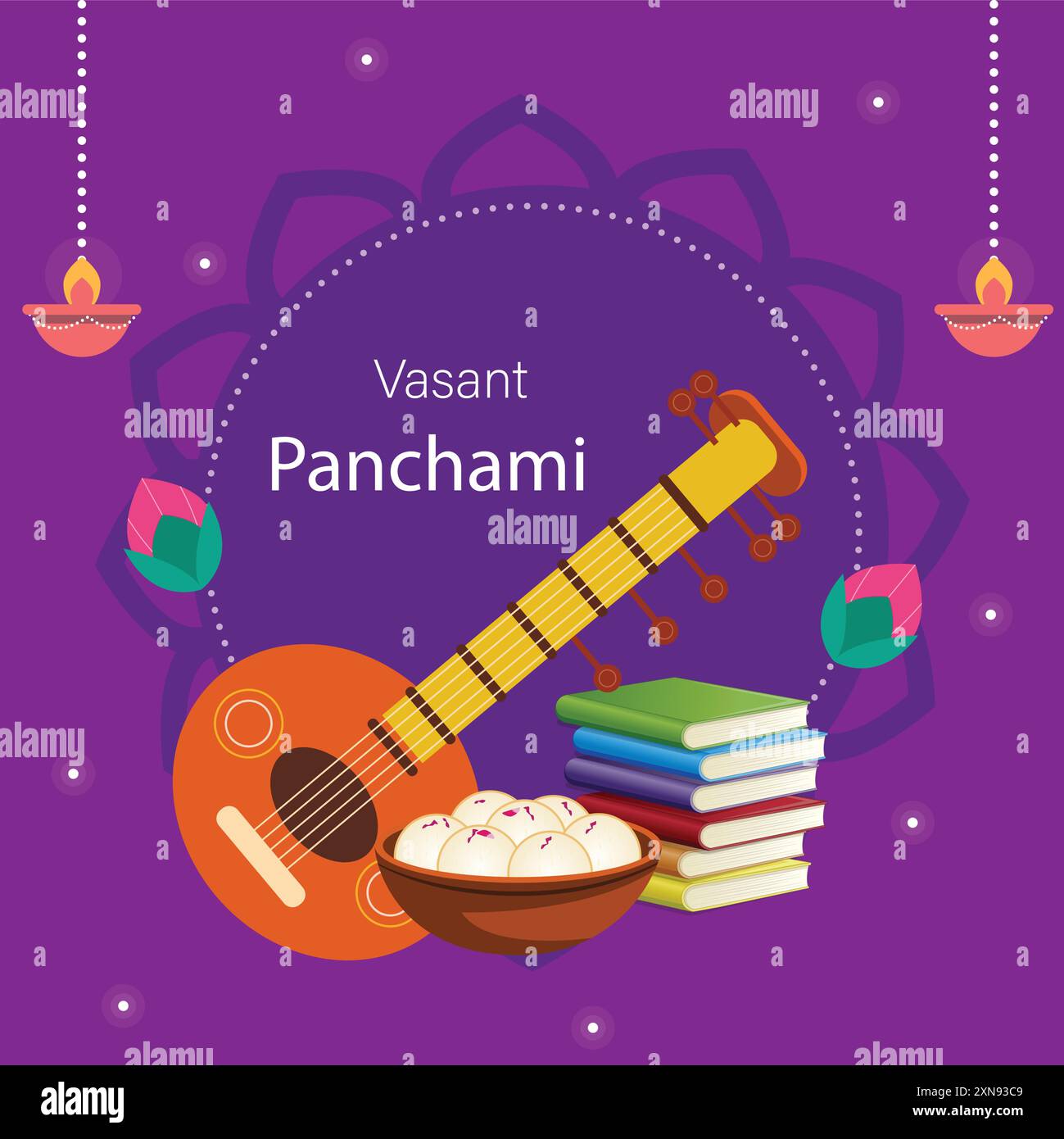 Vector illustration poster of happy saraswati puja with veena musical ...
