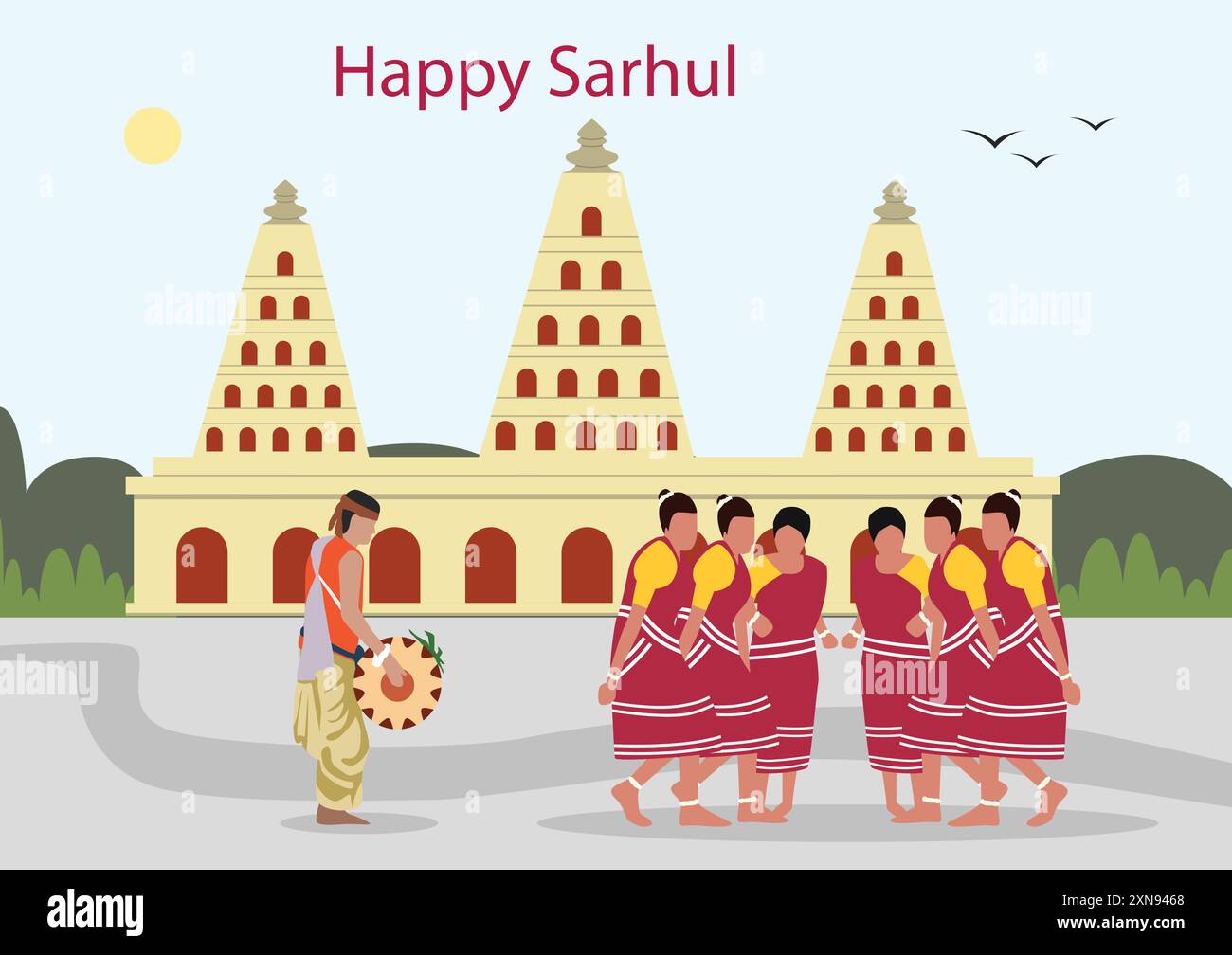 Vector illustration poster of happy sarhul, tribal people of jharkhand performing dance in front ...
