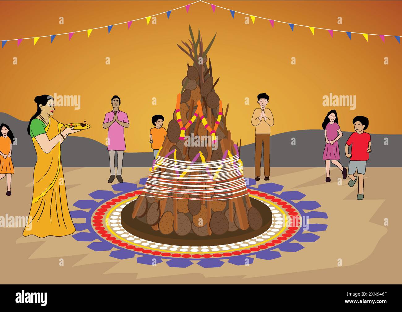 Vector illustration poster of happy holika dahan, indian people praying ...