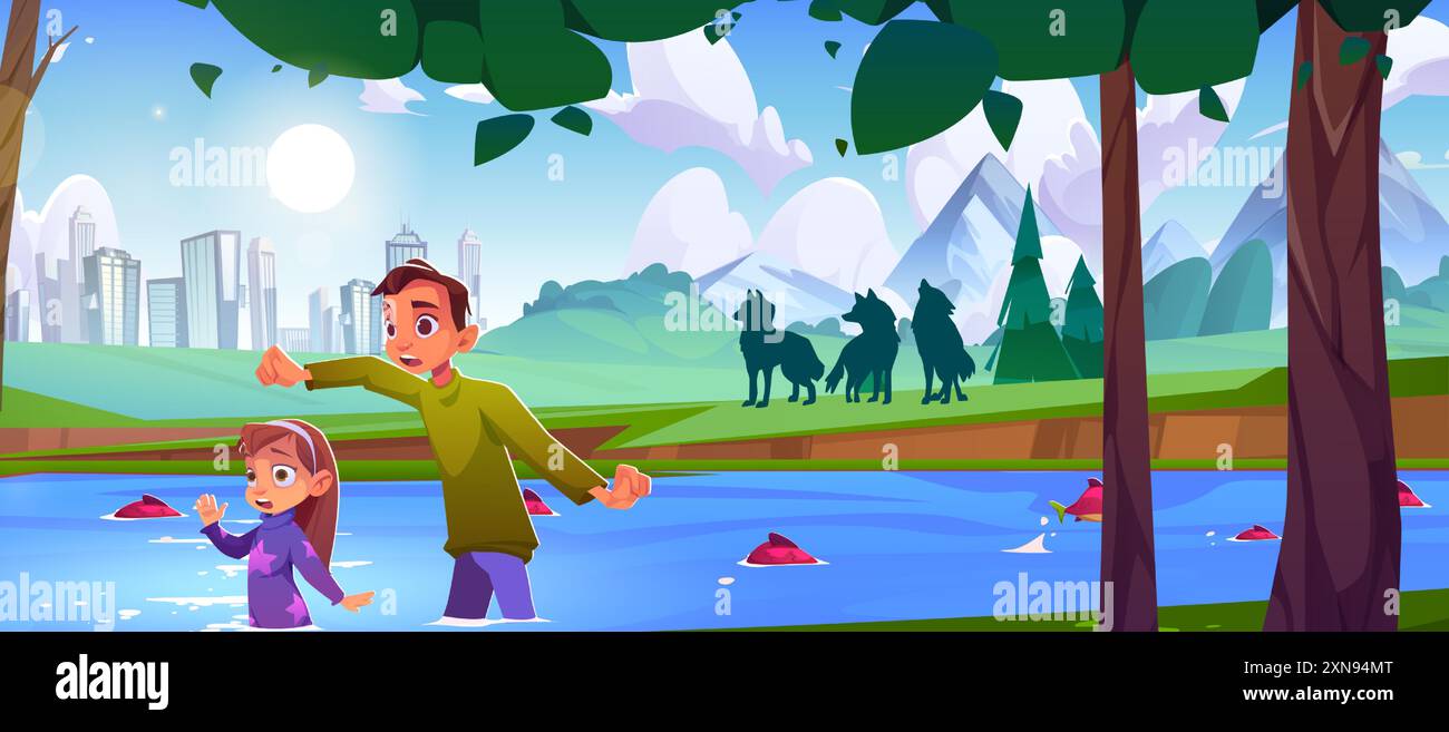 Scared children standing in river water near wild wolves. Cartoon ...