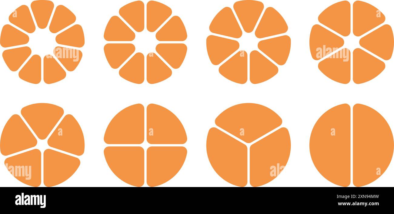 Circle division infographic icon set. Pie chart divided 7, 8,9 equal parts. Pizza or flower ...