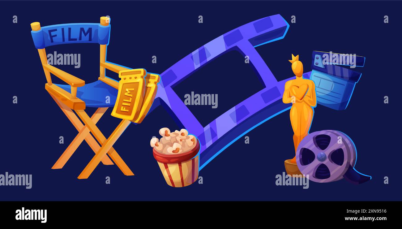 Poster with cinema cartoon icons - golden Oscar trophy statue and ...
