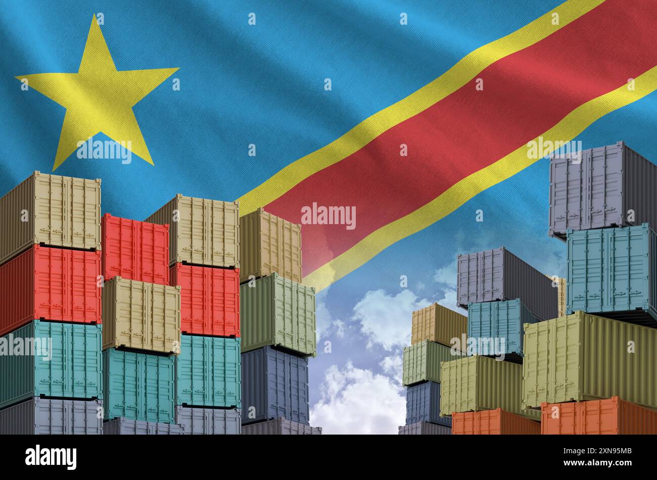 Democratic Republic of the Congo flag and big stack of shipping cargo containers in docks with ...