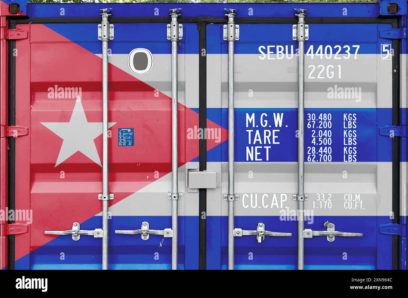 Cuba flag depicted on metal doors of shipping cargo container outdoors ...