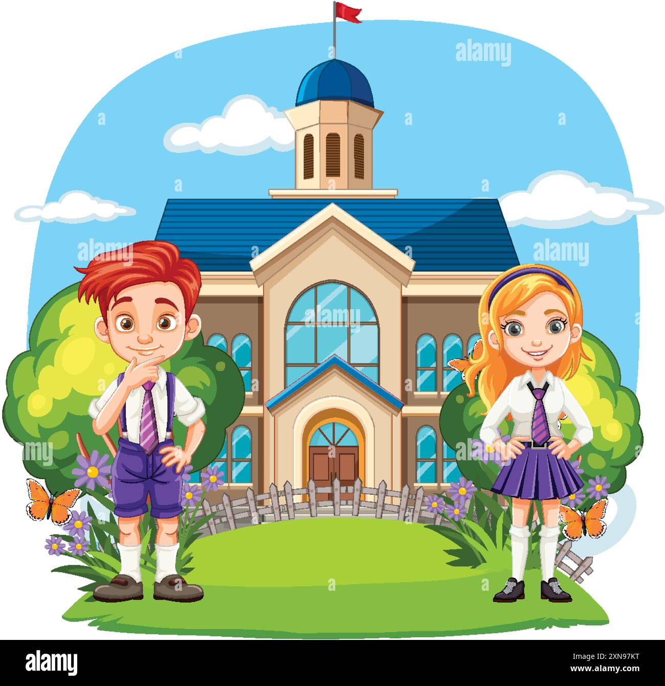 Two kids standing outside a school building Stock Vector Image & Art ...