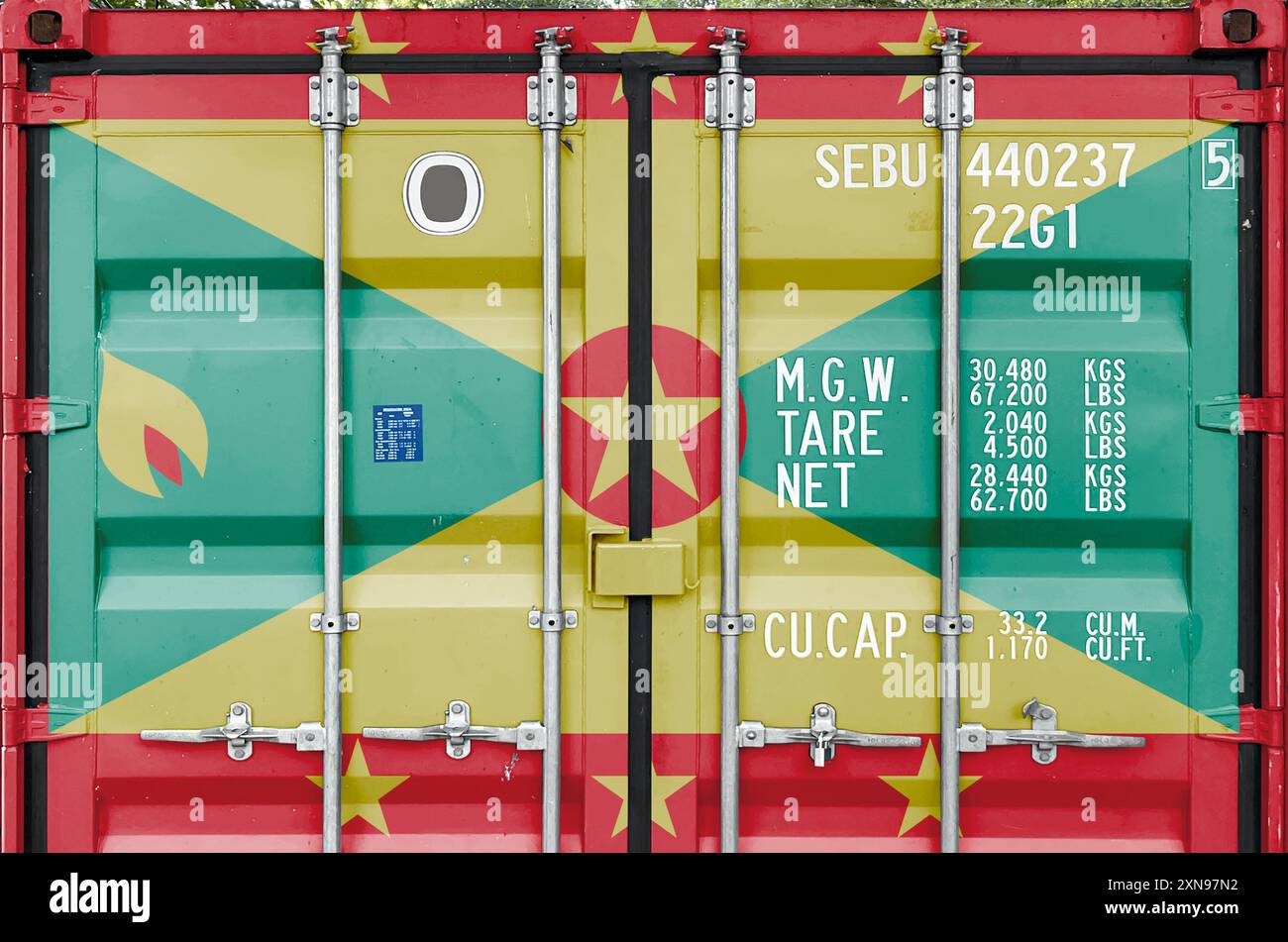 Grenada flag depicted on metal doors of shipping cargo container ...