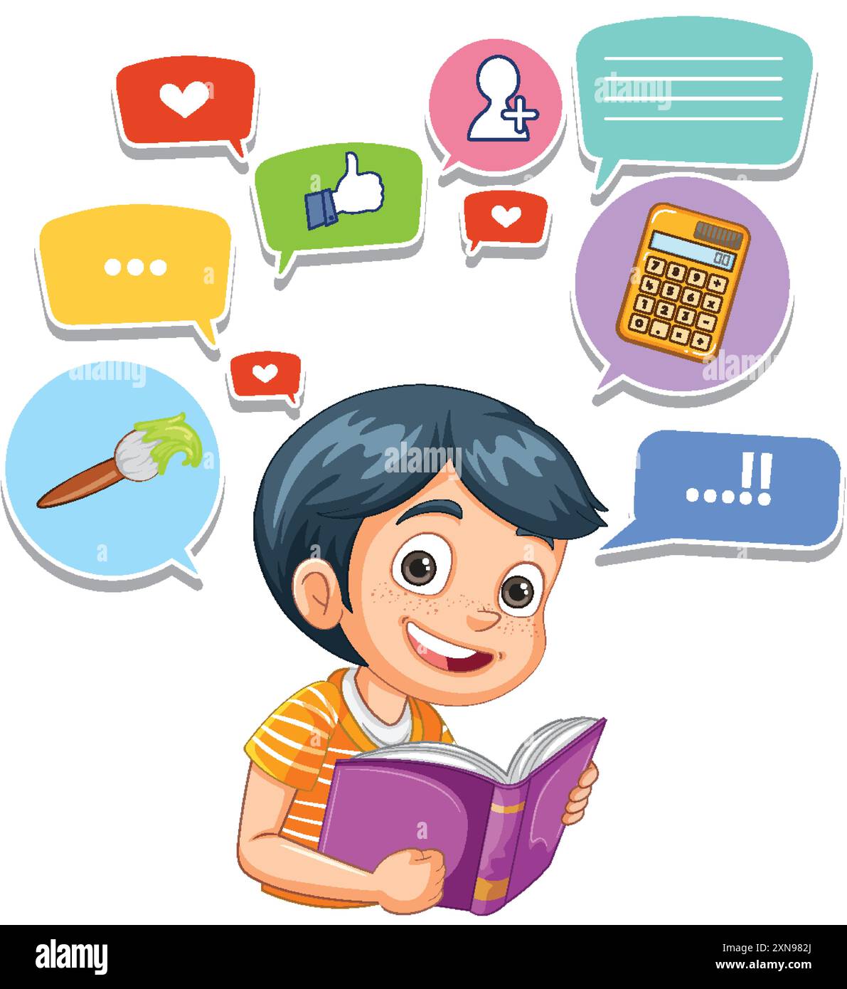 Child reading book with digital icons around Stock Vector Image & Art ...