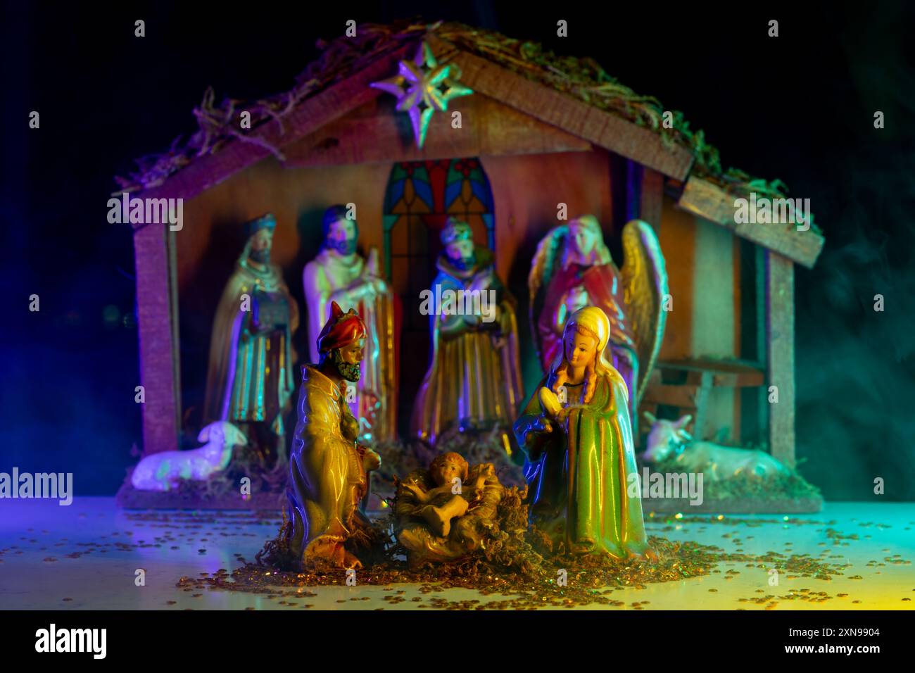 Christmas decorative creche with Holy family. Nativity scene with ...